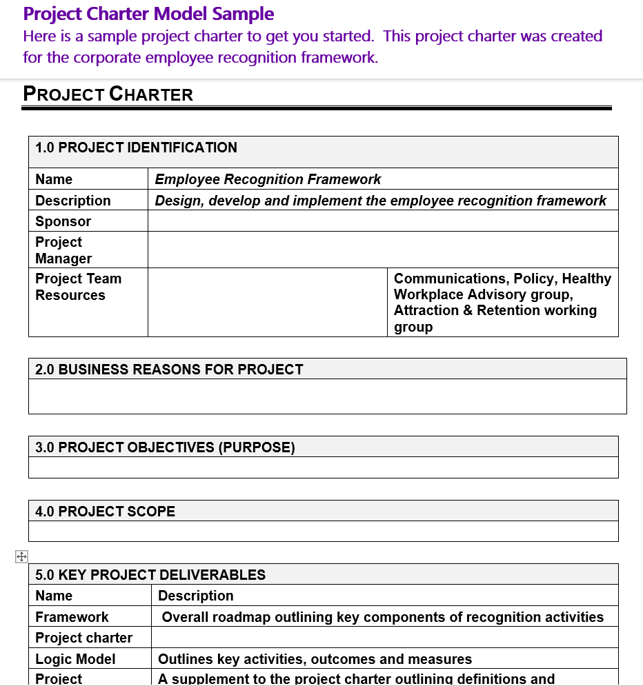 Project Charter Excel Template
